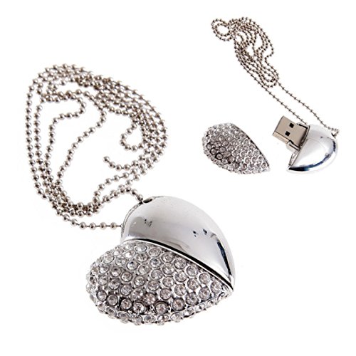 32GB USB Flash Drive Necklace - Jeweled Metal Heart USB memory stick ...