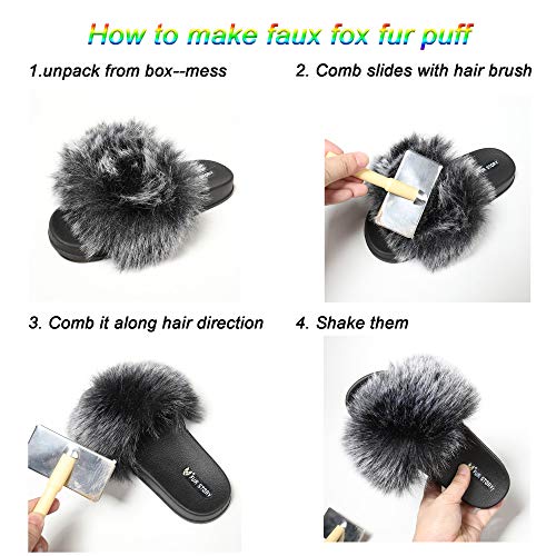 Women's Furry Slides Faux Fur Slides Fuzzy Slippers Fluffy Sandals Outdoor Indoor£¨Black-9.5 ...