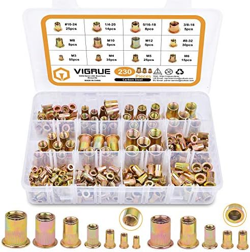 Rivet Nuts Assortment Kit, VIGRUE 230PCS SAE and Metric Carbon Steel UNC Nutserts Rivnut, Zinc ...