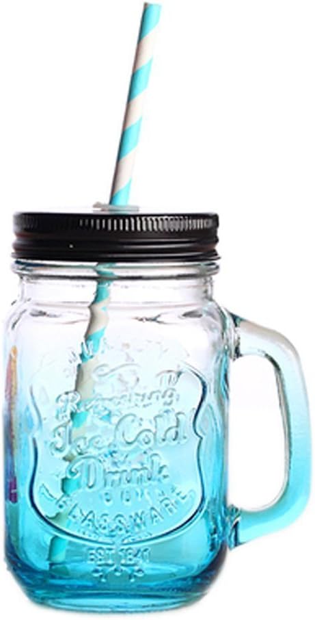 3D Vintage Blue Mason Cup with Lid & Straw Mason Glass Drinking Jars ...