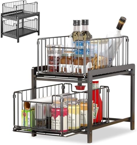 2 Tier Under Kitchen Storage Cabinet Under Sink Organizer with Sliding ...