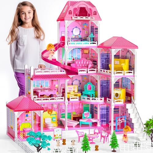 TEMI Dream Doll House Pink Girl Toys - 4 Stories 10 Rooms Dollhouse ...