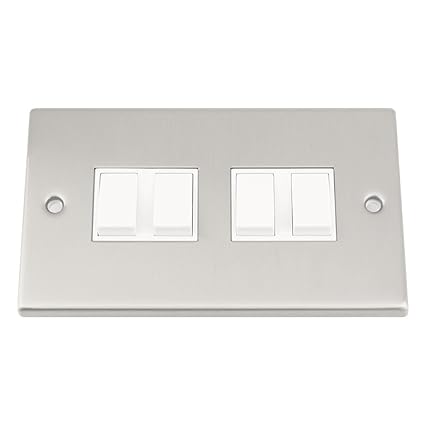 Light Switch 4 Gang - Satin Matt Chrome - Square - White Insert Plastic ...