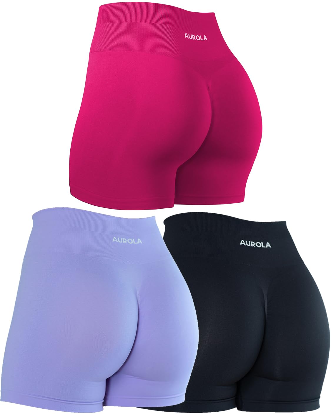 AUROLA 3 Pieces Pack Set Dream Workout Shorts for Women Seamless,Dark Black/Jacaranda/Pink,M for ...