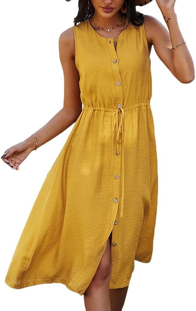 Sommerkleid Leinen Casualkleider Damen V-Ausschnitt Strandkleider ...