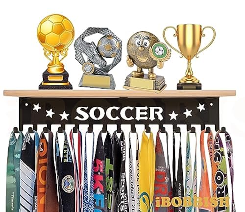 Soccer Trophy and Medal Display Shelf,Soccer Trophy Shelf with 15 hooks ...
