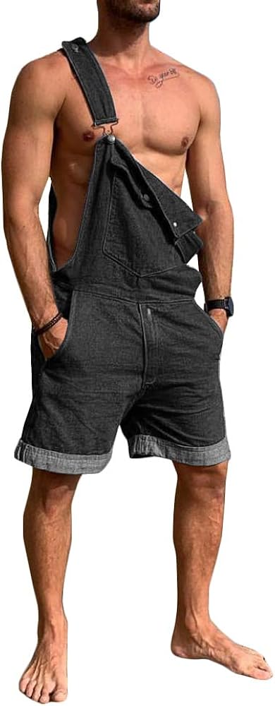 Karlywindow Mens Denim Bib Overall Shorts Loose Fit Summer Walk Shorts ...