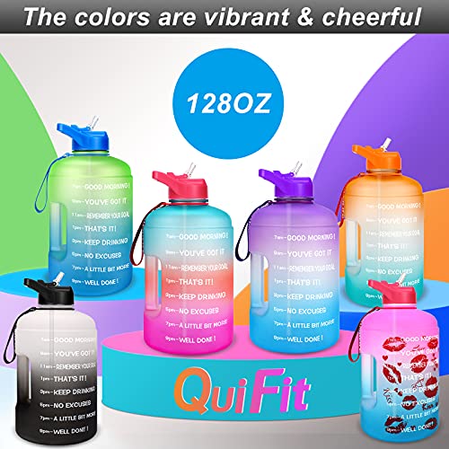 QuiFit Gallon Water Bottle Motivational - with Time Marker & Straw Leak-Proof BPA Free Durable ...