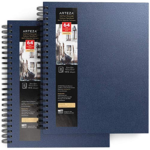 Arteza Watercolor Sketchbooks, 9x12-inch, 2-Pack, Blue Hardcover Journal, 64 Sheets, 140lb ...