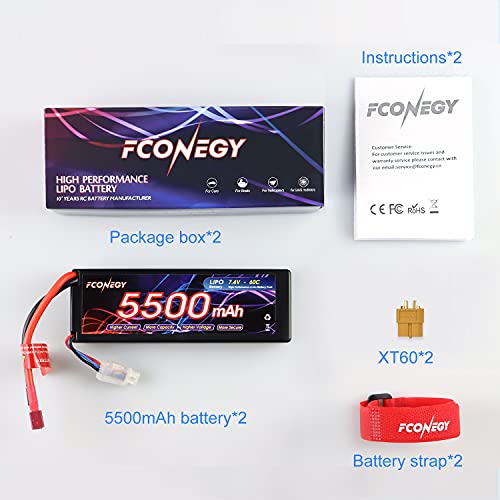 FCONEGY 2S Lipo Battery 7.4V RC Battery Pack 60C 5500mAh Hardcase with ...