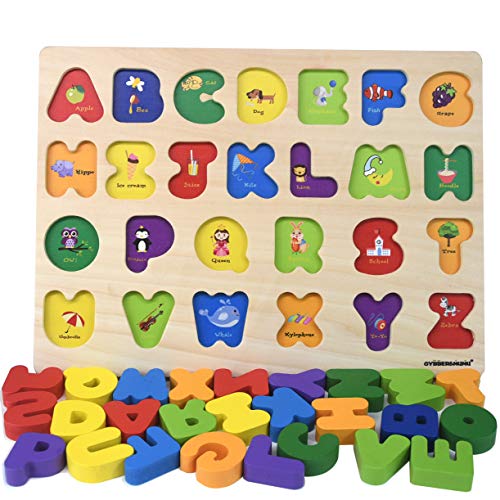GYBBER&MUMU Alphabet Blocks Colorful Jigsaw Blocks Board Wood ABC Letters Puzzle (Uppercase ...