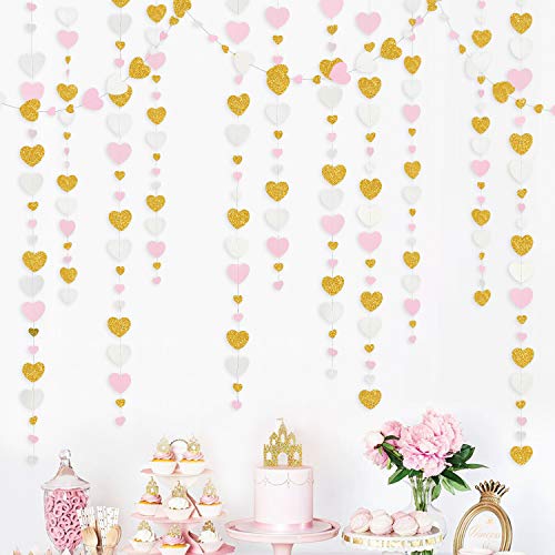 52 Ft Pink and Gold White Love Heart Garland Hanging Paper Streamer ...