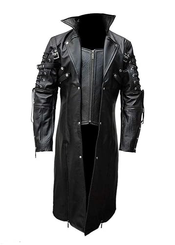 Mens Real Black Leather Long Coat Goth Matrix Trench Coat Gothic ...