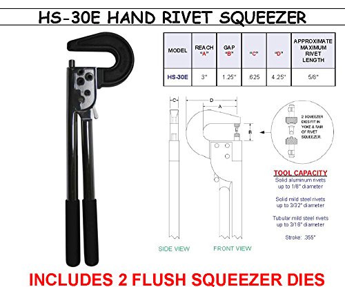 Hand Rivet Squeezer For Solid & Tubular Rivets, With A 3" Reach, & 1-1/ ...