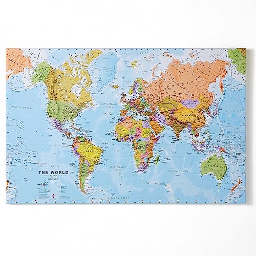 Maps International Canvas Push Pin World Map Political - 24 (h) x 36 (w ...