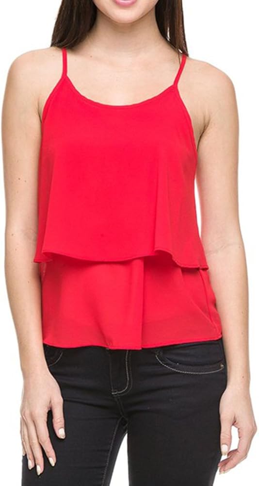 Women's Spaghetti Strap TopLayered Chiffon Tiered Blouse Ruffle Summer ...