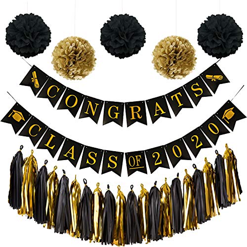 Congrats Class of 2020 Graduation Banner, Black & Gold Graduation Party ...