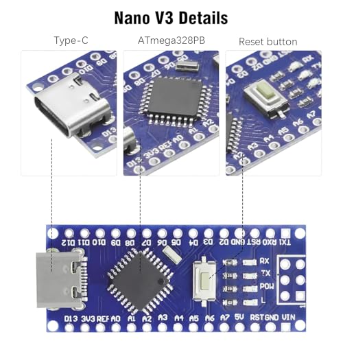 Tablero Nano V3.0 con cable, AYWHP 5pcs Nano Board ATMEGA328P, CH340G ...