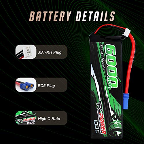 RCPOWER 11.1V 6000mAh 3S Lipo Battery 100C EC5 Plug for RC Airplane, RC ...