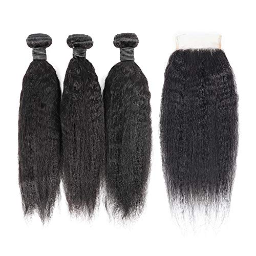 Brazilian Virgin Kinky Straight Human Hair 3 Bundles with 4x4 Lace Closure 100% Virgin Yaki ...