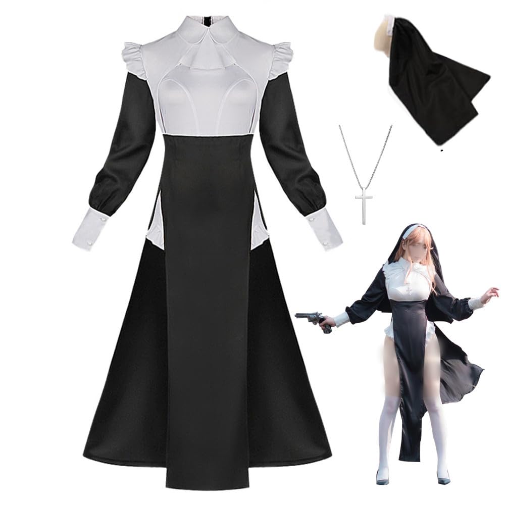 GWOKDAN Women Nun Cosplay Costume Gothic Nun Dress Uniform Bodysuit ...