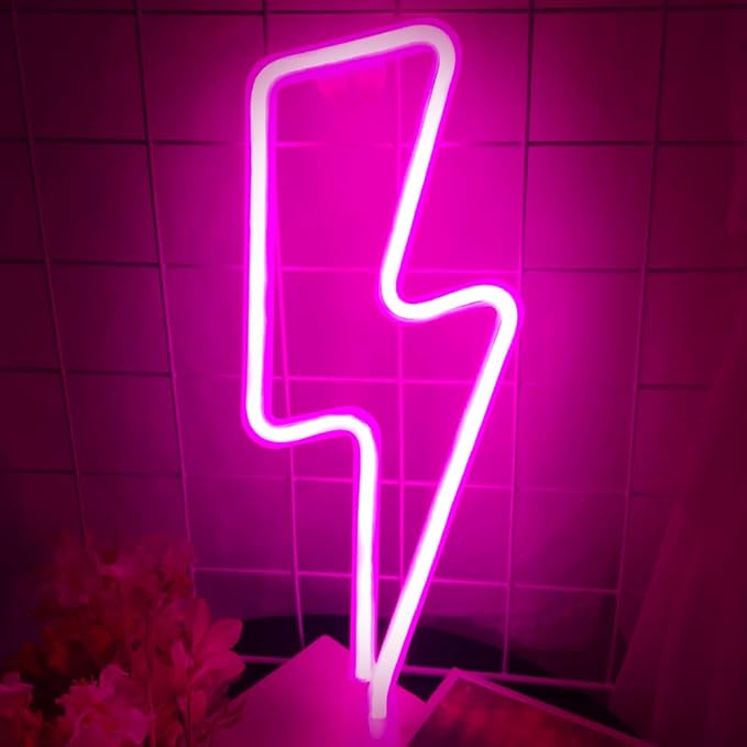 Zermie Pink Neon Light Lightning Bolt Led Neon Sign Wall Light Battery ...