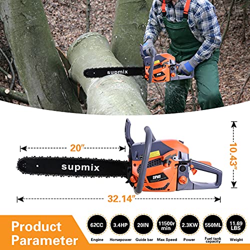 Supmix Gas Chainsaw 62CC 20 Inch,Gas Powered Chainsaw,2 Cycle Gasoline Powered Chain Saws ...