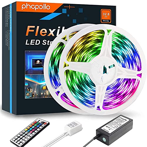 PHOPOLLO 32.8ft Waterproof Led Strip Light, 5050 RGB LED Strip Light for Bedroom, Kitchen, Home ...