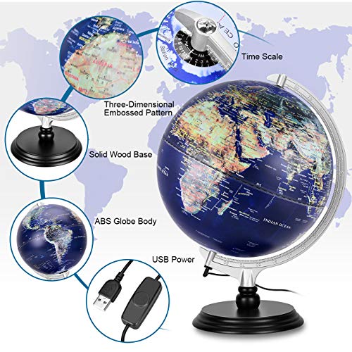 12 Inch Illuminated World Globe, Raised Relief Topographical Globe ...