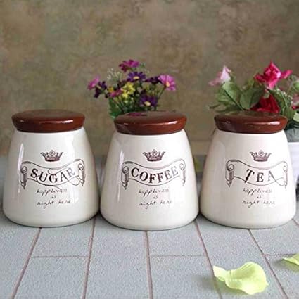 Set of 3 Ceramic Tea Coffee Sugar Ceramic Storage Canister / Containers ...