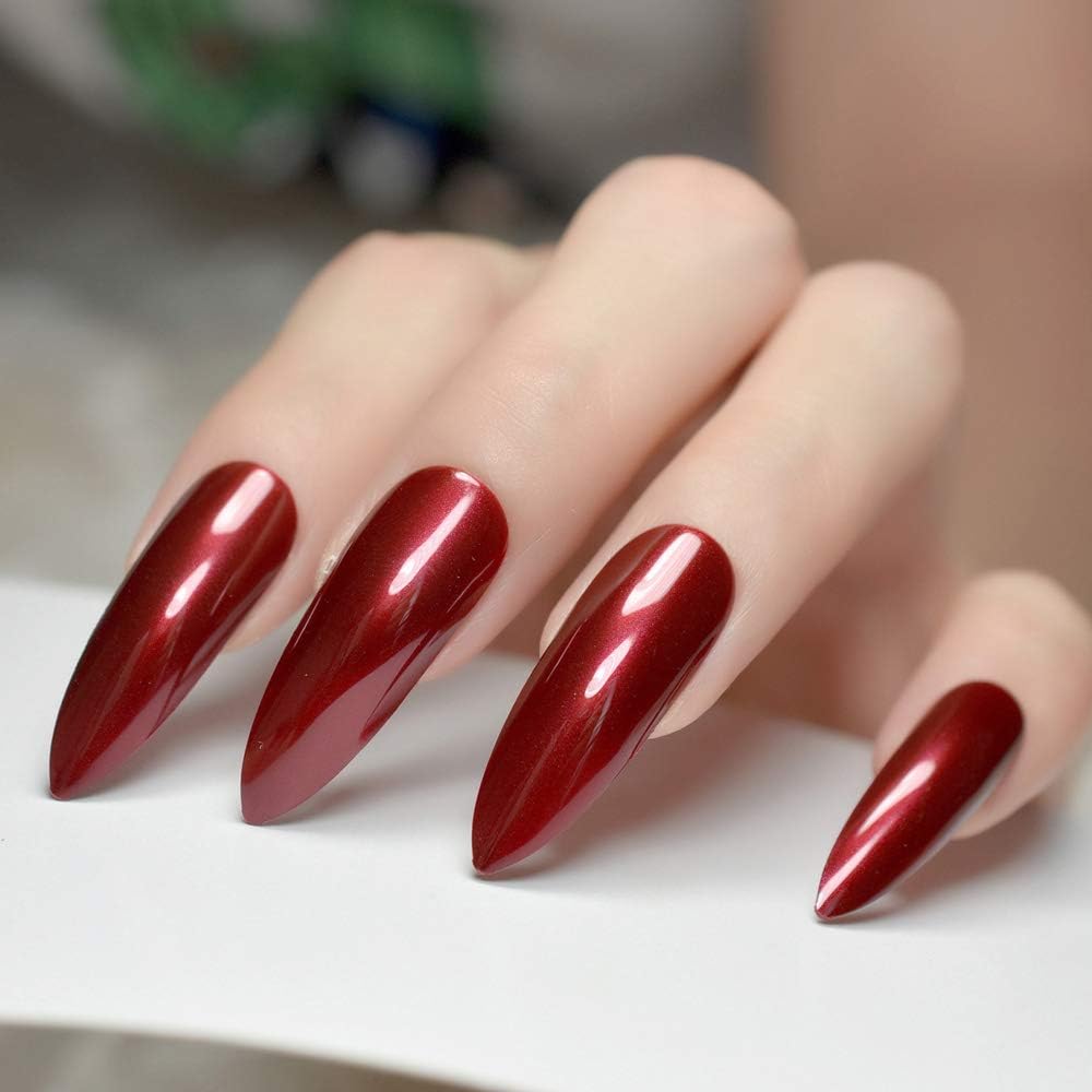 EchiQ Extra Long Sharp Stiletto False Nails Tips Claret-red Bordeaux ...