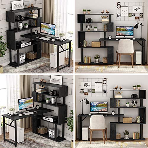 Tribesigns Rotating Computer Desk with 5 Shelves Bookshelf, Modern L ...