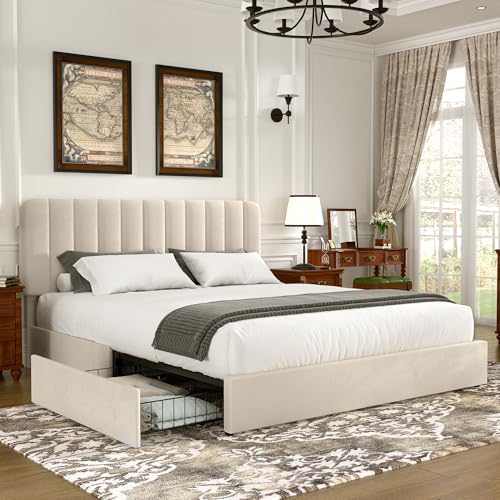 VECELO Full Size Upholstered Bed Frame with 4 Drawers and Headboard ...