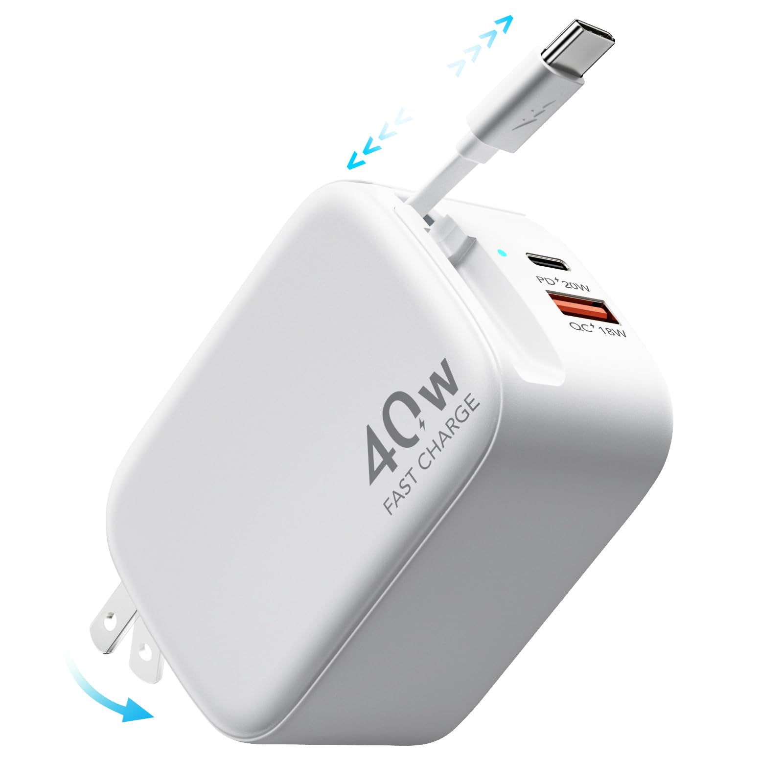 Retractable Wall Charger,40W PD Fast USB C Charger Block with ...