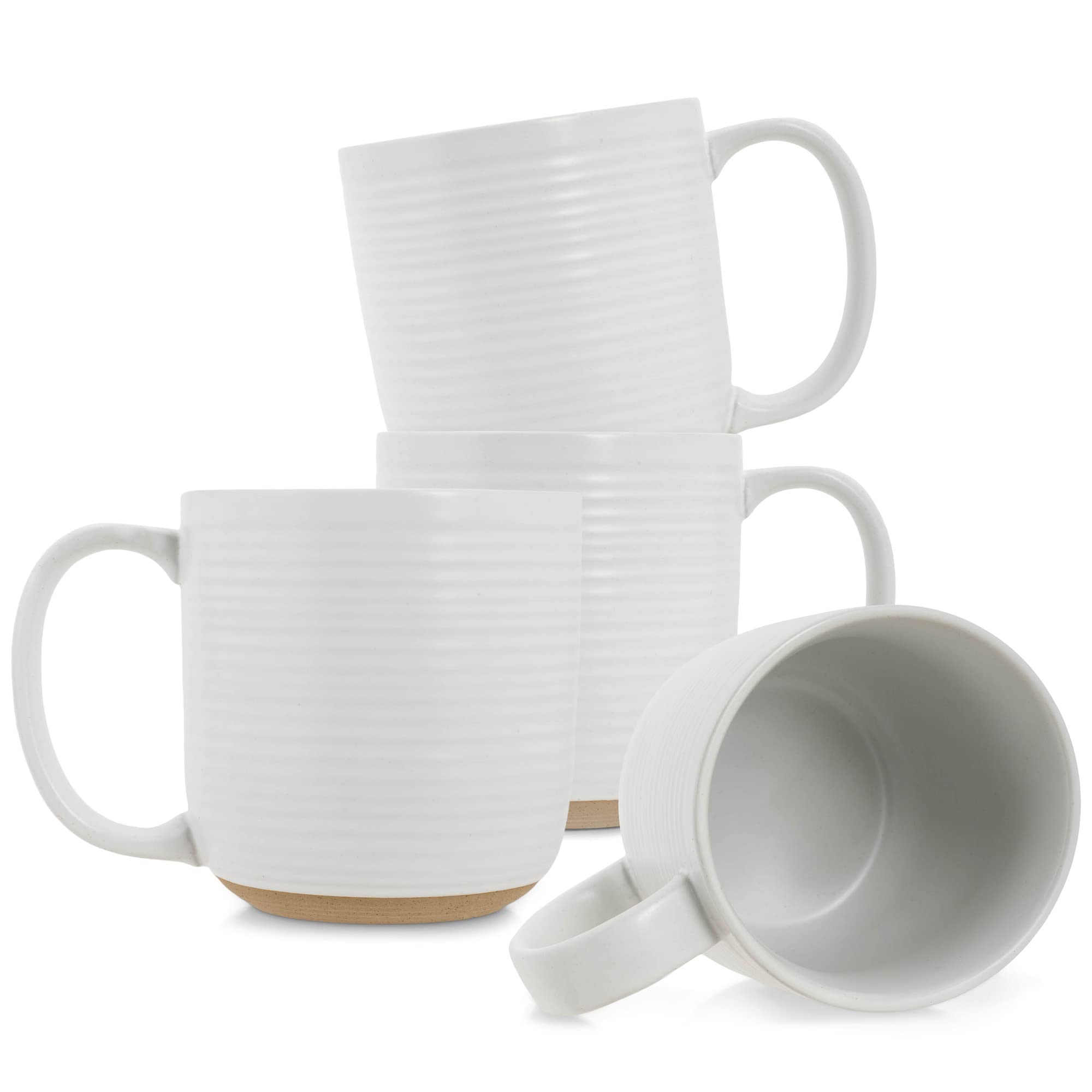 Elanze Designs Ribbed Ceramic Stoneware 16 ounce Raw Clay Bottom Coffee Mugs Set of 4, White for ...