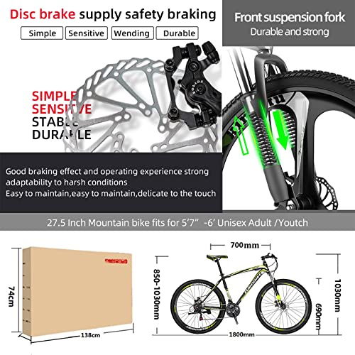 EUROBIKE 27.5 Inch Mountain Bike, 21 Speed Mens and Womens Mountain Bicycle, Bike with High ...