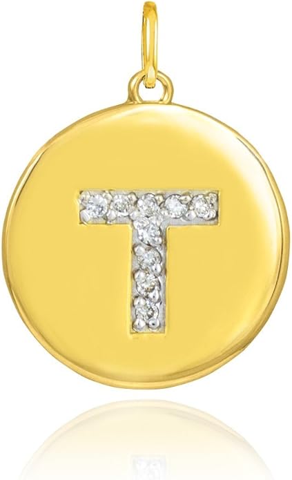 Amazon.com: 14k Yellow Gold Letter T Diamond Disc Initial Pendant ...