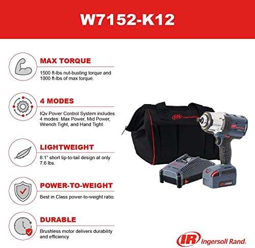 Ingersoll Rand W7152-K12 1/2" Cordless Impact Wrench and 1 Battery Kit, 4 Power Modes, Brushless ...