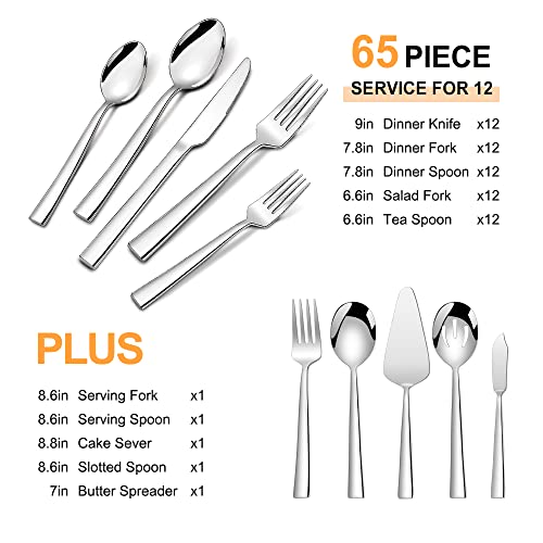 65-Piece Silverware Flatware Set for 12 with Serving Utensils ...