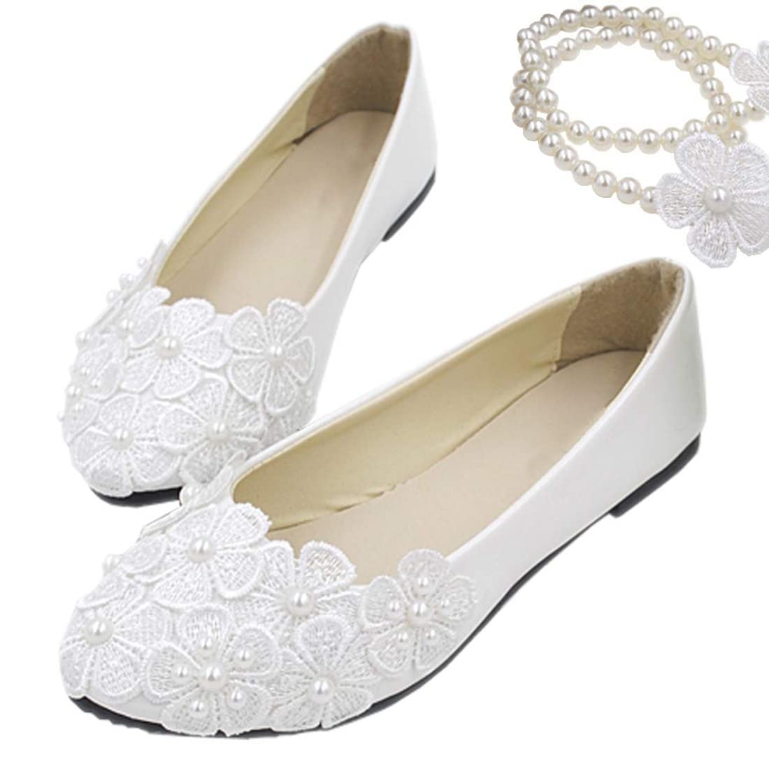 Cymtoo Bride Flats Shoes Lace Flowers Bridal Wedding Shoes Ankle Pearl ...