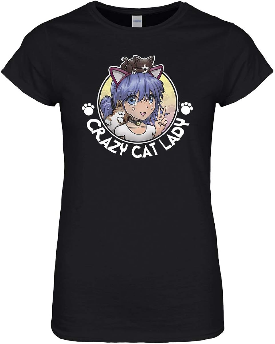 Crazy Cat Lady Anime Girl Ladies T-Shirt: Amazon.co.uk: Clothing