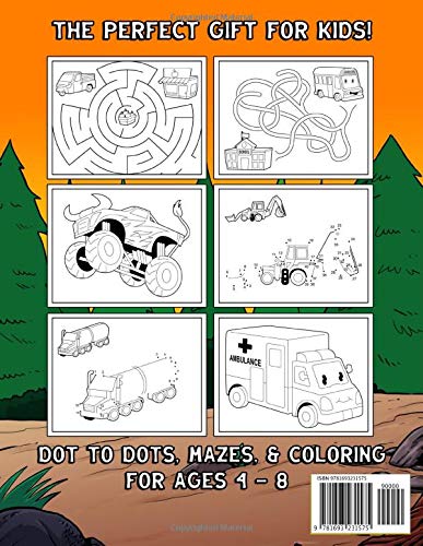 Trucks Activity Book For Kids: Coloring, Dot to Dot, Mazes, and More ...