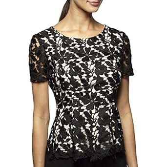Alex Evenings Floral Lace Two-Tone Blouse BlackNude M at Amazon Women’s ...