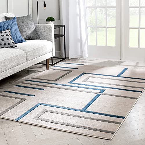Well Woven Fiora Blue Modern Geometric Stripes & Boxes Pattern Area Rug ...