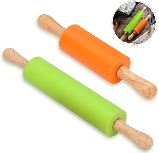 Silicone Rolling Pin - Dough Roller for Pizza, Cookie with Wooden ...