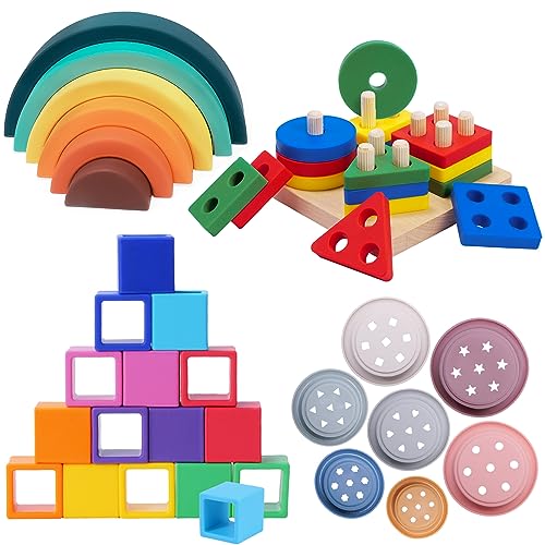 MCGMITT Silicone Stacking Toys, 4 in-1 Montessori Rainbow Stacker for ...