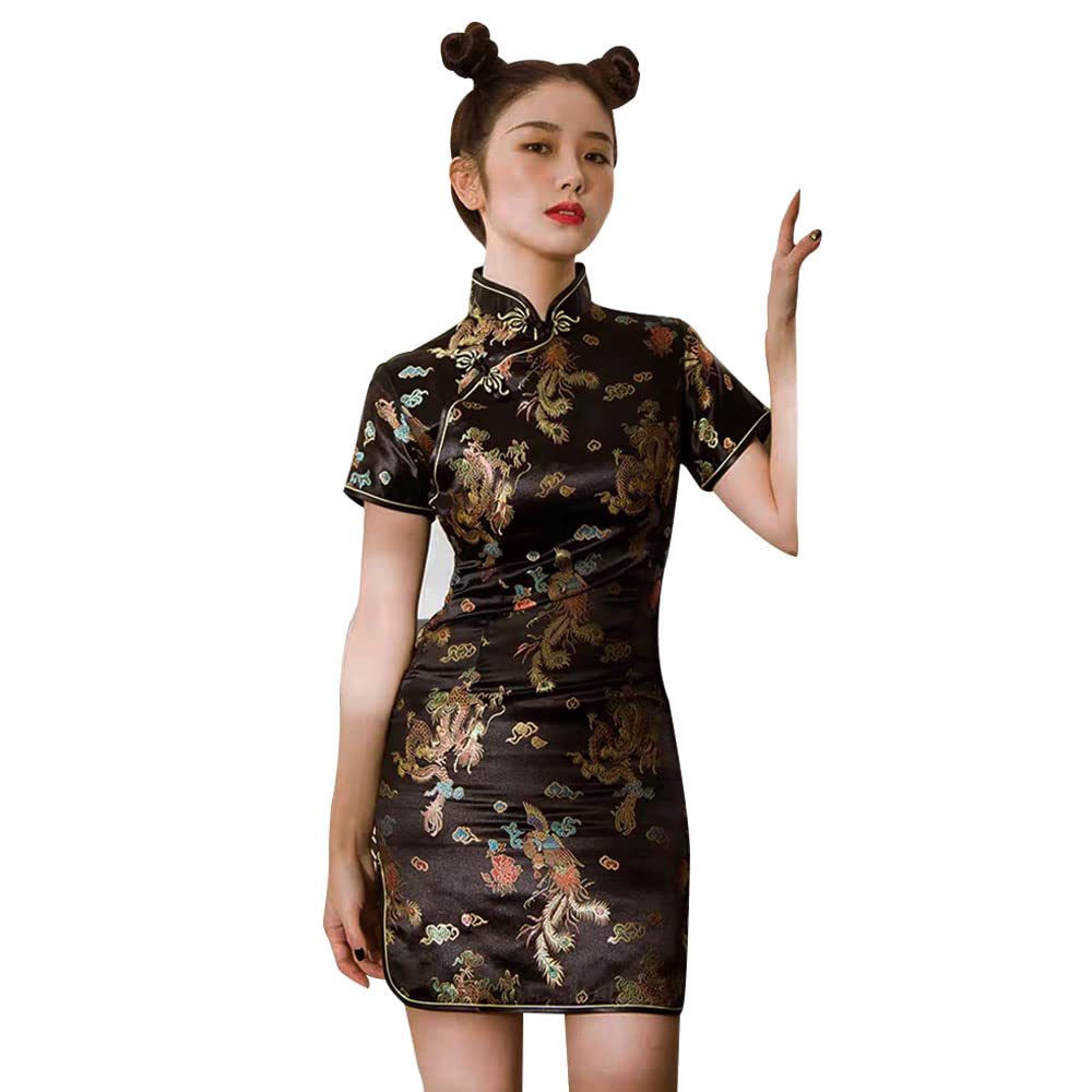 Cheongsam Dress for Women Chinese Bodycon Qipao Short Sleeve Slim Fit ...