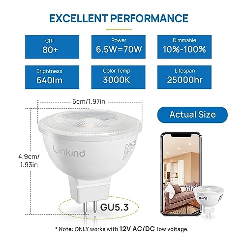 Linkind MR16 LED Bulb Dimmable, GU5.3 Bi-Pin Base 6.5W (70W Equivalent) 3000K Soft White 640lm ...