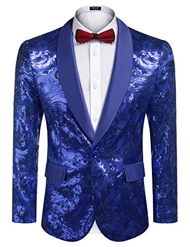 COOFANDY Mens Blue Sequin Blazer Shiny Sparkly Glitter Blazer Floral ...