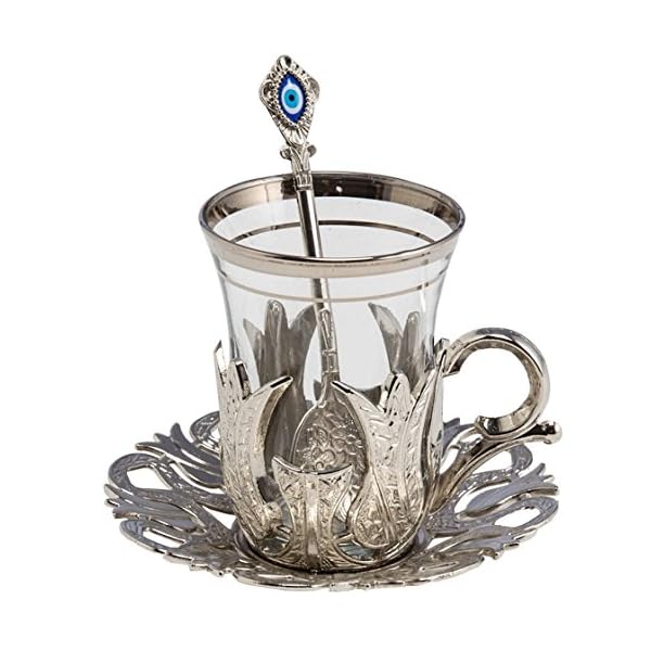 Set of 6 Turkish Style Tea Glasses with Brass Holder Saucer and Spoons ...
